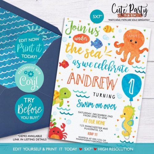 Ocean Birthday Party Invitations Templates | Corjl
